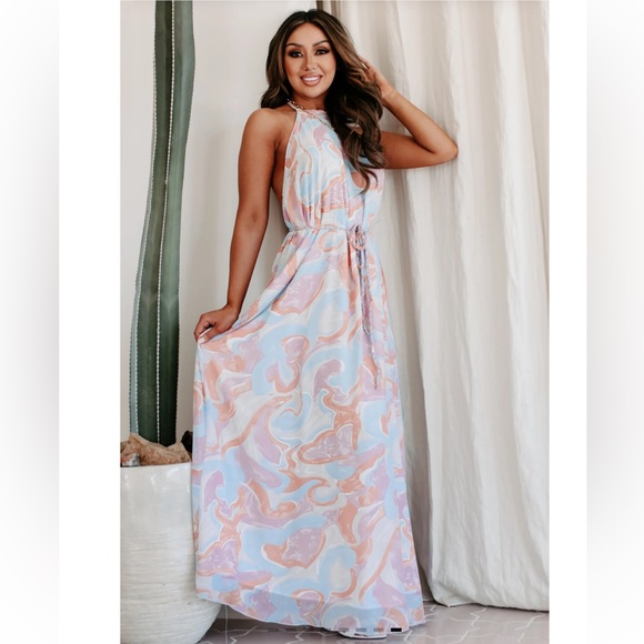 Aakaa | Dresses | Your New Muse Printed Halter Maxi Dress Pinkblue ...